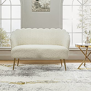 HULALA HOME Modern Loveseat Sofa with Gold Legs, Small Armless 2-Seater Sofa with Flower Shaped Back, Comfy Upholstered Love Seats Couch for Bedroom, Living Room, Office, Apartment, Small Space/Ivory