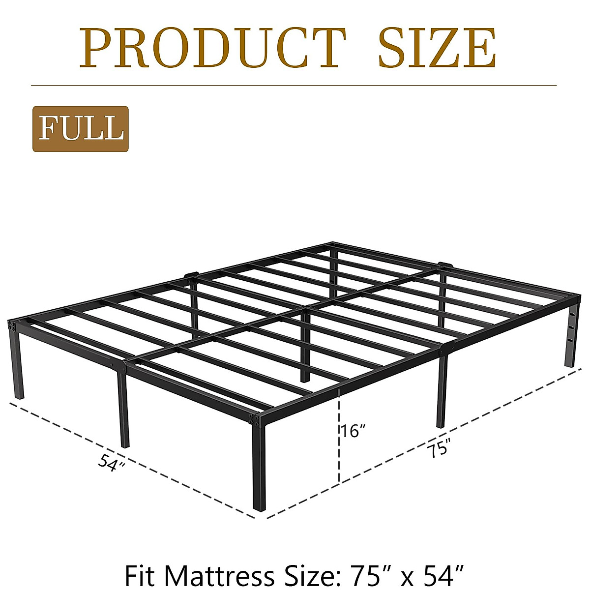 Kilyssa Full Size Bed Frame 16 Inch Black Heavy Duty Metal Platform/Maximum Storage/Mattress Foundation/Steel Slats Support/Noise Free/No Box Spring Needed