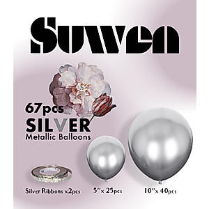 SUWEN Silver Metallic Balloons Kit 67PCS 10 Inch 5 Inch Different Sizes Latex Helium Shiny Chrome Silver Balloons for Birthday Graduation Anniversary Party Decorations