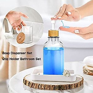 MIERTING Bathroom Accessories Set 5 Pcs, Bamboo Bathroom Accessory Sets Complete, Soap Dispenser and Toothbrush Holder Set, Qtip & Cotton Ball Holder, Boho Bathroom Decor, Housewarming Gift