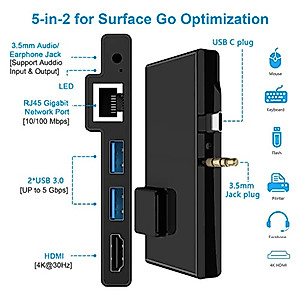 Surface Go/Go 2/Go 3 Hub, Surface Go Docking Station 5 in 1 USB C Surface Go 2 Dock Adapter with 1000M RJ45 Ethernet 4K HDMI 2 USB 3.0 Ports & 3.5mm Audio/Earphones Jack, NOT for Surface Laptop GO