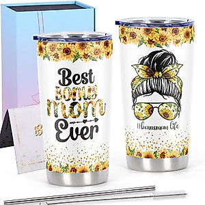 Cosictic Mother's Day Gift for Bonus Mom, Sunflower Best Bonus Mom Travel Tumbler, Birthday Christmas Gift For Bonus Mom Stepmom Mother In Law
