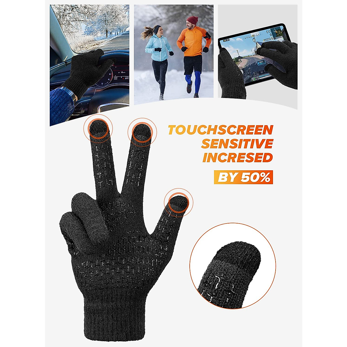 TRENDOUX Gloves Women Men, Winter Touch Screen Glove, Texting Running Driving - Anti-Slip Grip - Thermal Lining - Stretchy Material - Knitted Warm Glove Computer in Cold Weather Black - L