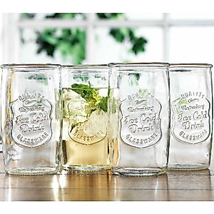 Glaver's Drinking Glasses Set of 4, Vintage Italian Style – Elegant 20 Oz Clear Tumbler Glassware Set– Genuine Artisan-Made for, Refreshing Drinks, Beverages, Cocktails.
