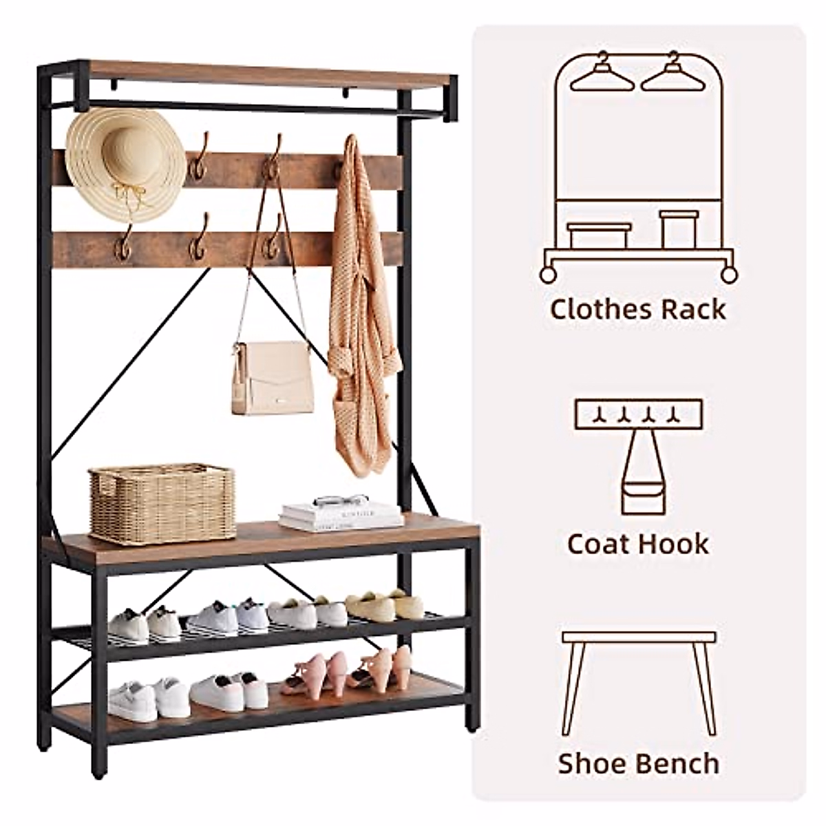 coucheta Industrial Storage Shoe Bench, 72" Mudroom Hall Tree with 8 Hanging Hooks, Rustic Brown