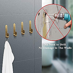 Picowe 4 Pack Brass Hooks, L-Shaped Towel Robe Hook on Wall Door, Self-Adhesive Holders for Hanging Coat Hat for Kitchen Bathroom Bedroom, for Door Wall Decoration, 0.8 x 3.7inch