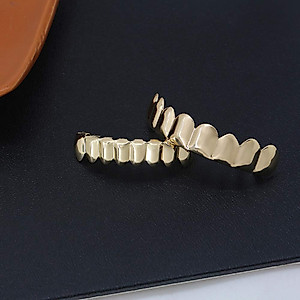 LuReen 8 Teeth Grillz 14k Gold Top and Bottom Grills Set Shiny Hip Hop Teeth Grillz + Extra Molding Bars for Halloween Costume Cosplay
