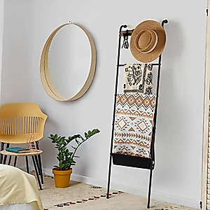 Blanket Ladder Decorative Ladder Holder with 5 Hooks and Pocket 5 Tier Farmhouse Metal Wall Leaning Towel Rack Stand for Bathroom Living Room Laundry Room, Black