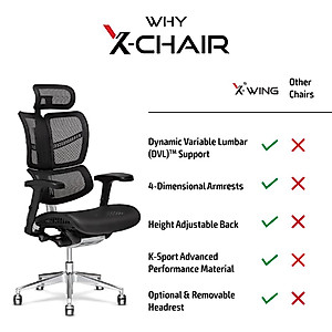 X-Chair XG-Wing Management Task Chair, Black K-Sport Mesh Fabric with Headrest - Ergonomic Office Seat/Split-Back Design/Dynamic Variable Lumbar Support/Floating Recline/Perfect for Long Work Days