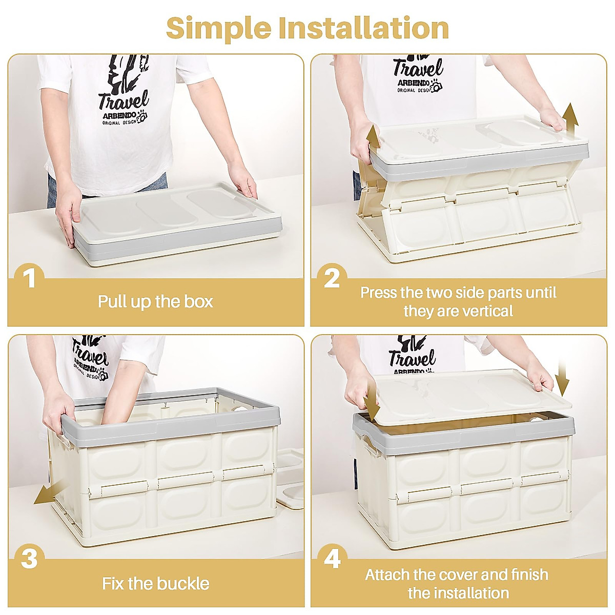 Homde 30L Collapsible Plastic Crates Storage Container with Lids 2 Pack Stackable Storage Bins with Secure Buckles for Clothes, Toy, Grocery, Camping and Garage (30L, White)