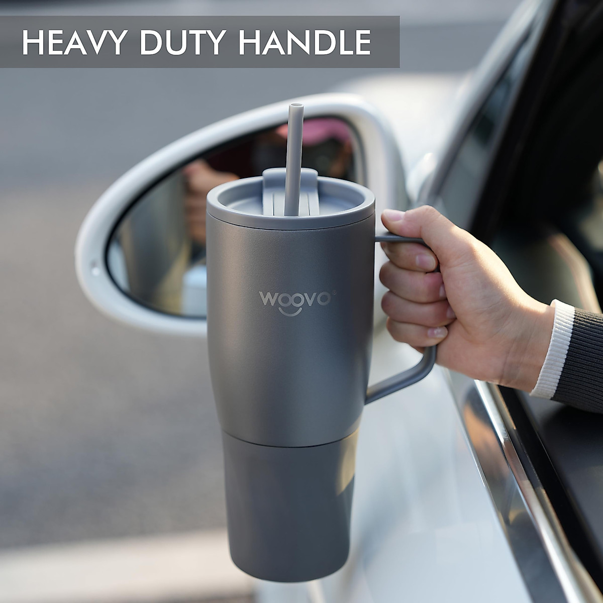 WOOVO 30 oz Tumbler with Handle and Straw - Insulated Double Wall Stainless Steel Water Bottle with SIlicone Boot - BPA Free Water Tumbler with Lid - Dishwasher Safe Cups Stay Hot Cold - Grey