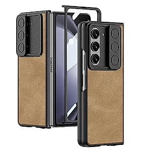 Case for Samsung Galaxy Z Fold 5,Retro Shockproof Slim PU Leather Lightweight Protective Case Slide Lens Cover with Screen Protector for Samsung Galaxy Z Fold 5 2023(Brown)