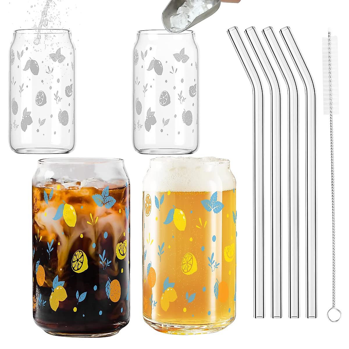 AmzFan Drinking Glasses with Glass Straw 4pcs set - 16oz Can Shaped Glass Cups, Beer Glasses, Iced Coffee Glasses, Color Changing Cold Drink Smoothie cups, ideal for whiskey, soda, tea, water, gift