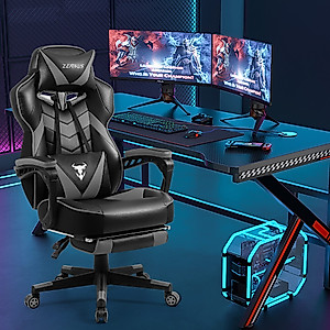 Zeanus Gaming Chairs for Adults Ergonomic Computer Chair with Footrest Gamer Chair with Massage Recliner PC Gaming Chair Home Office Desk Chair Big and Tall Racing Chair Lumbar Support Grey