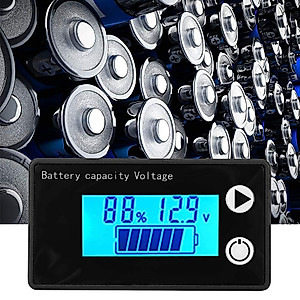 Battery Monitor LCD 12V Digital Battery Capacity Tester Lithium Battery Volt Meter Universal Percentage Display Voltmeter Voltage Indicator ((10-100V) Blue + Alarm)