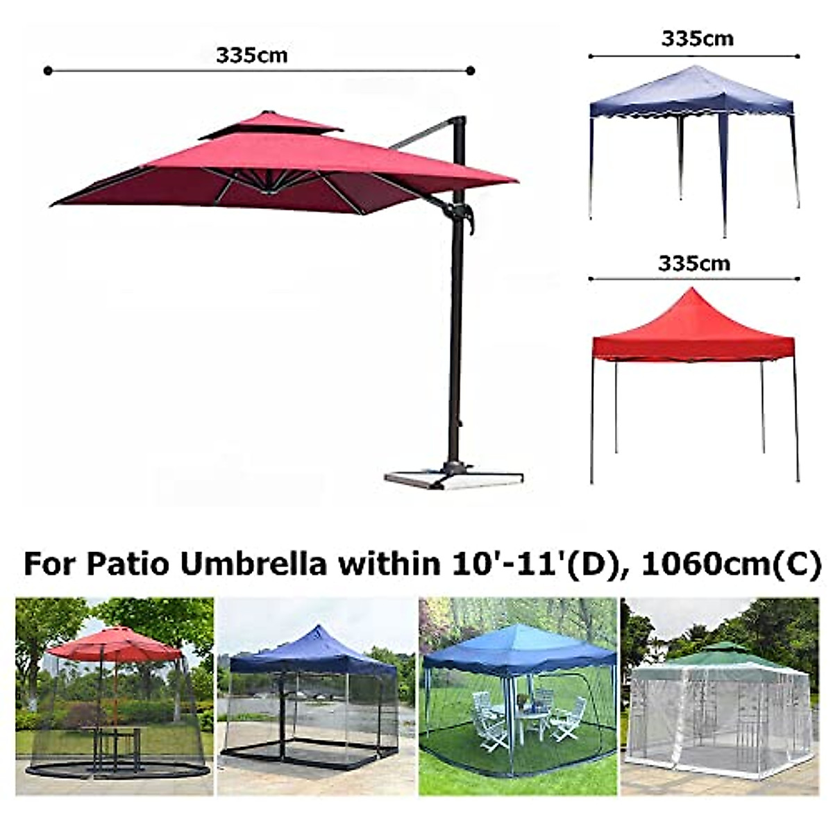 cjc Patio Umbrella M-osquito Netting with Zipper Door, Polyester Mesh Screen, Height Diameter Adjustable, for Outdoor Patio Garden (Black, 11-12FT)