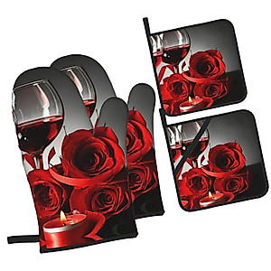 Red Rose Wine Glass and Candle Oven Mitts and Pot Holders Set of 4, Fashion Heat Resistant Safe Cooking Baking Grilling BBQ Easy Washable Kitchen Accessories