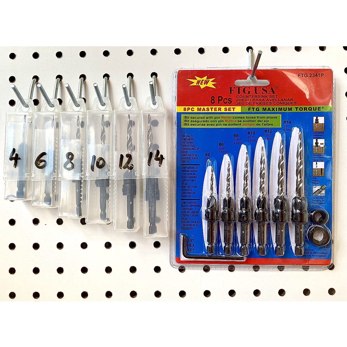 FTG USA Wood Countersink Drill Bit Set 6 Sizes Set with 6 Storage Containers for Countersink HSS M2 Tapered Drill Bits, Quick Change Hex Shank Countersink bit, 2 Stop Collar, 1 Allen Wrench
