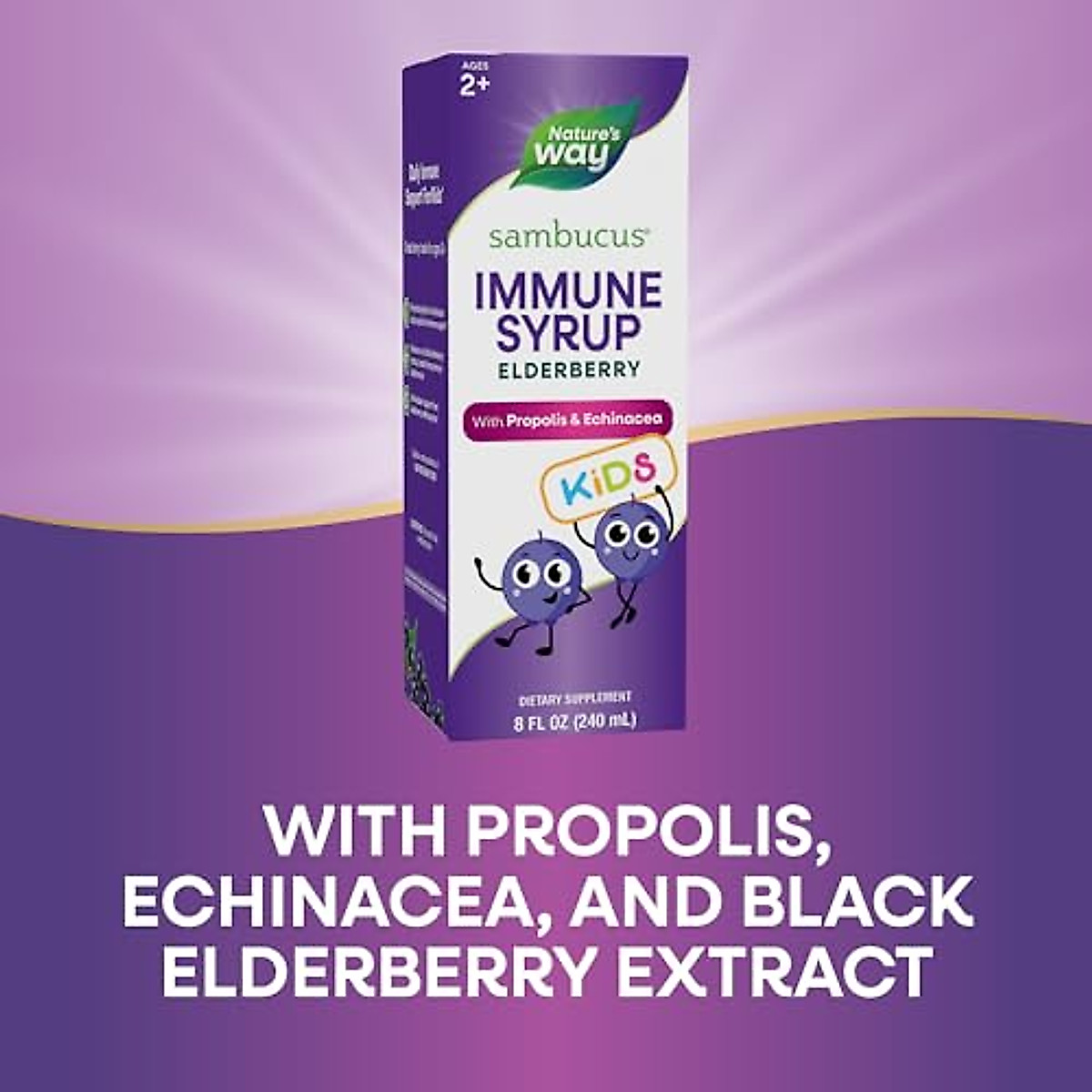 Nature's Way Sambucus Elderberry Immune Syrup for Kids Ages 2+, with Echinacea & Propolis, Daily Immune Support*, Vegetarian, Berry Flavored, 8 Fl Oz (Packaging May Vary)