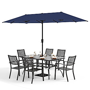 PHI VILLA 8 Piece Patio Outdoor Dining Set with 13ft Double-Sided Patio Umbrella,Metal Outdoor Table Furniture Set with 6 Outdoor Stackable Chairs, 1 Rectangle Dining Table and 1 Large Umbrella