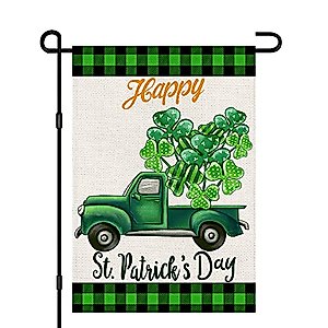 Happy St. Patrick's Day Burlap Garden Flags 12x18 Inch Double Sided, Green Truck Lucky Shamrock Sign Small Farmhouse Yard Outdoor Decorations DF191