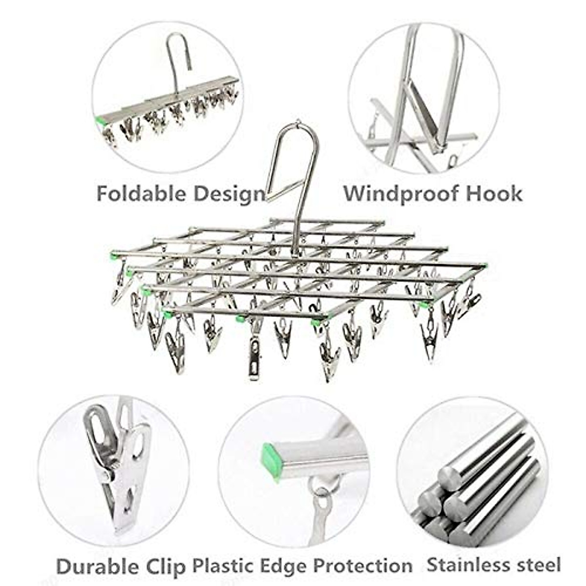 YITAQI Clothes Drying Rack with 35 Clips,Drying Stainless Steel Draining Folding Underwear Hooks Hanger Socks Clip Clothes Airer Dryer