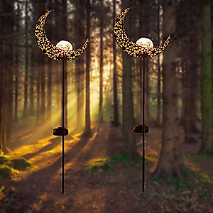 XVZ Solar Moon Crackle Glass Globe Stake Metal Lights, 2 Pack Solar Powered Garden Decorations,Waterproof Outdoor Decorations for Walkway,Pathway,Lawn,Lawn,Patio or Courtyard