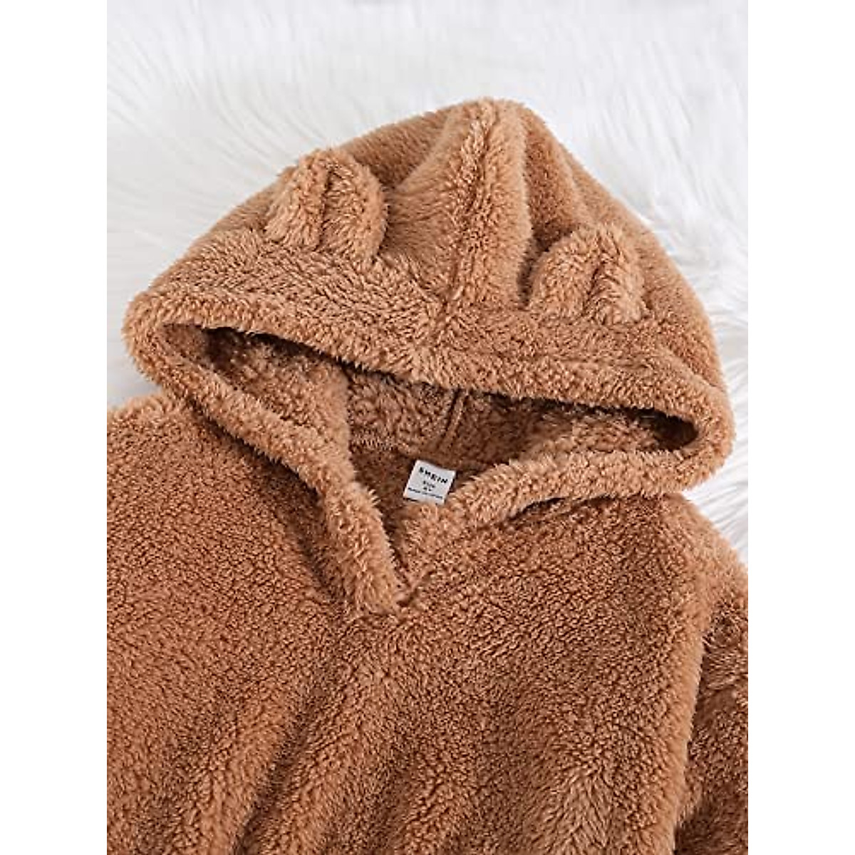 SOLY HUX Girl's Bear Ear Fuzzy Fluffy Drop Shoulder Hoodie Sweatshirt with Sweatpants Two Piece Outfit Pure Brown 10Y