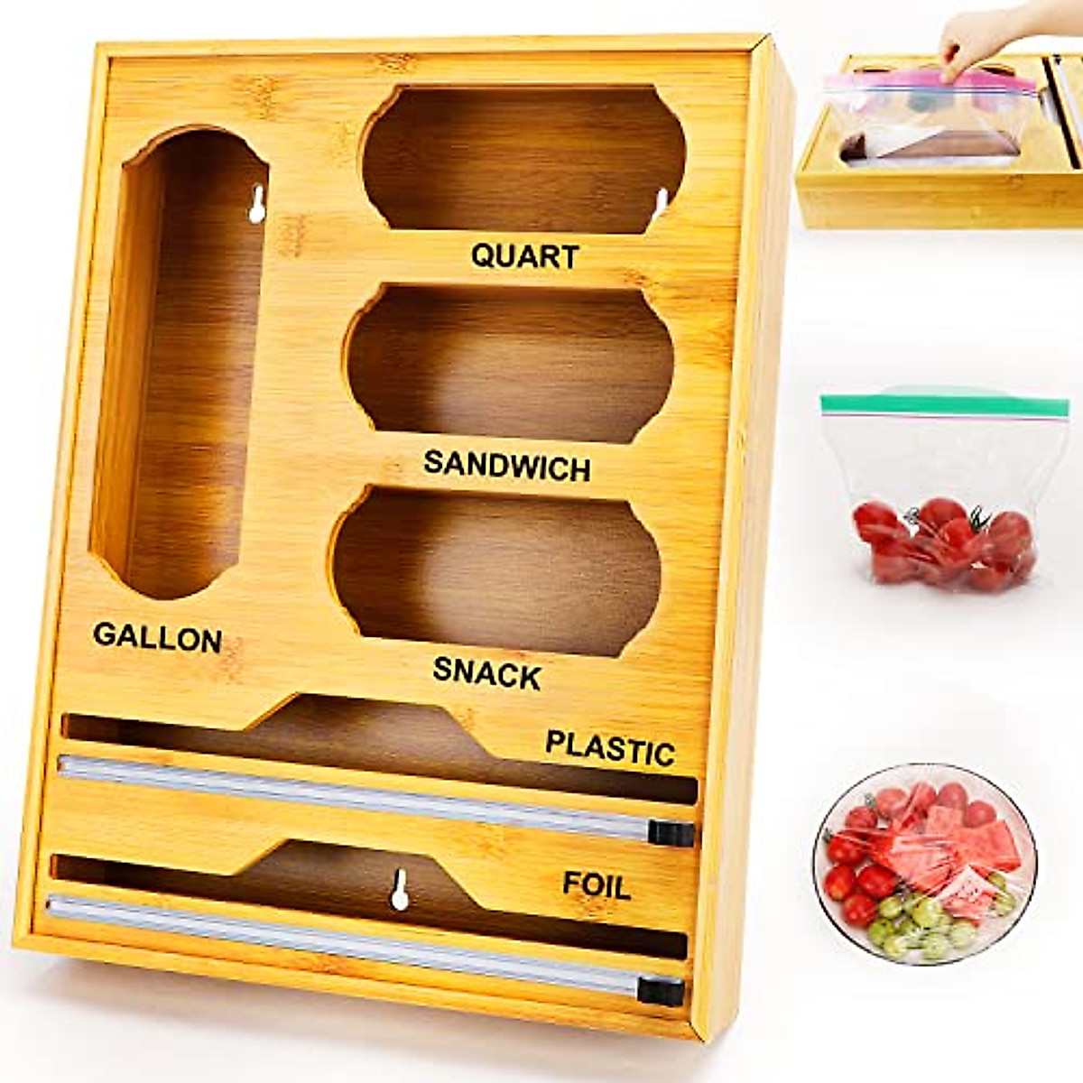 FuBegi Ziplock Bag Storage Organizer and Plastic Wrap Stretch Film Dispenser with Cutter, 6 In 1 Bamboo Ziplock Bag Organizer for Gallon, Quart, Sandwich, Snack Kitchen Drawer Organizer