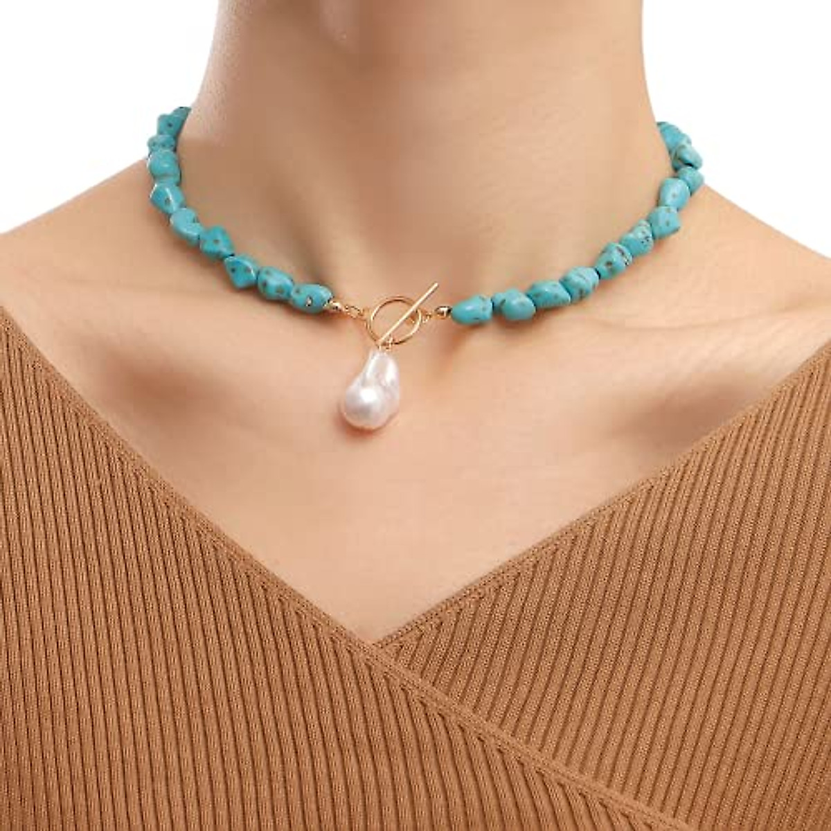 Darren' Irregular Natural Turquoise Necklace 16 Inch,Irregular Pearl Shape Pendant,Single Layered Necklaces for Women,Bohemian Necklace,Handmade Pendant