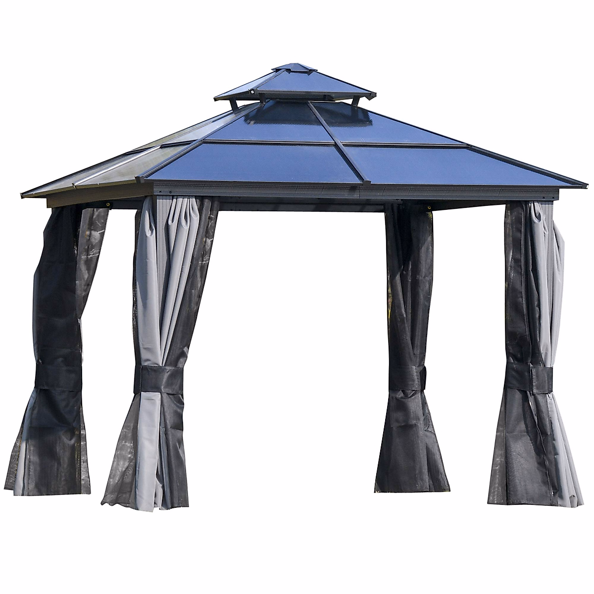 Outsunny 10' x 10' Hardtop Gazebo Canopy with Polycarbonate Roof, Aluminum Frame, Permanent Pavilion Outdoor Gazebo with Netting, for Patio, Garden, Backyard, Deck, Lawn, Gray