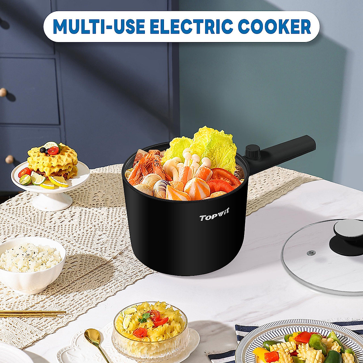 Topwit Hot Pot Electric, 1.5L Ramen Cooker, Portable Non-Stick Frying Pan, Electric Pot for Pasta, Steak, BPA Free, Electric Cooker with Dual Power Control, Over-Heating & Boil Dry Protection, Black