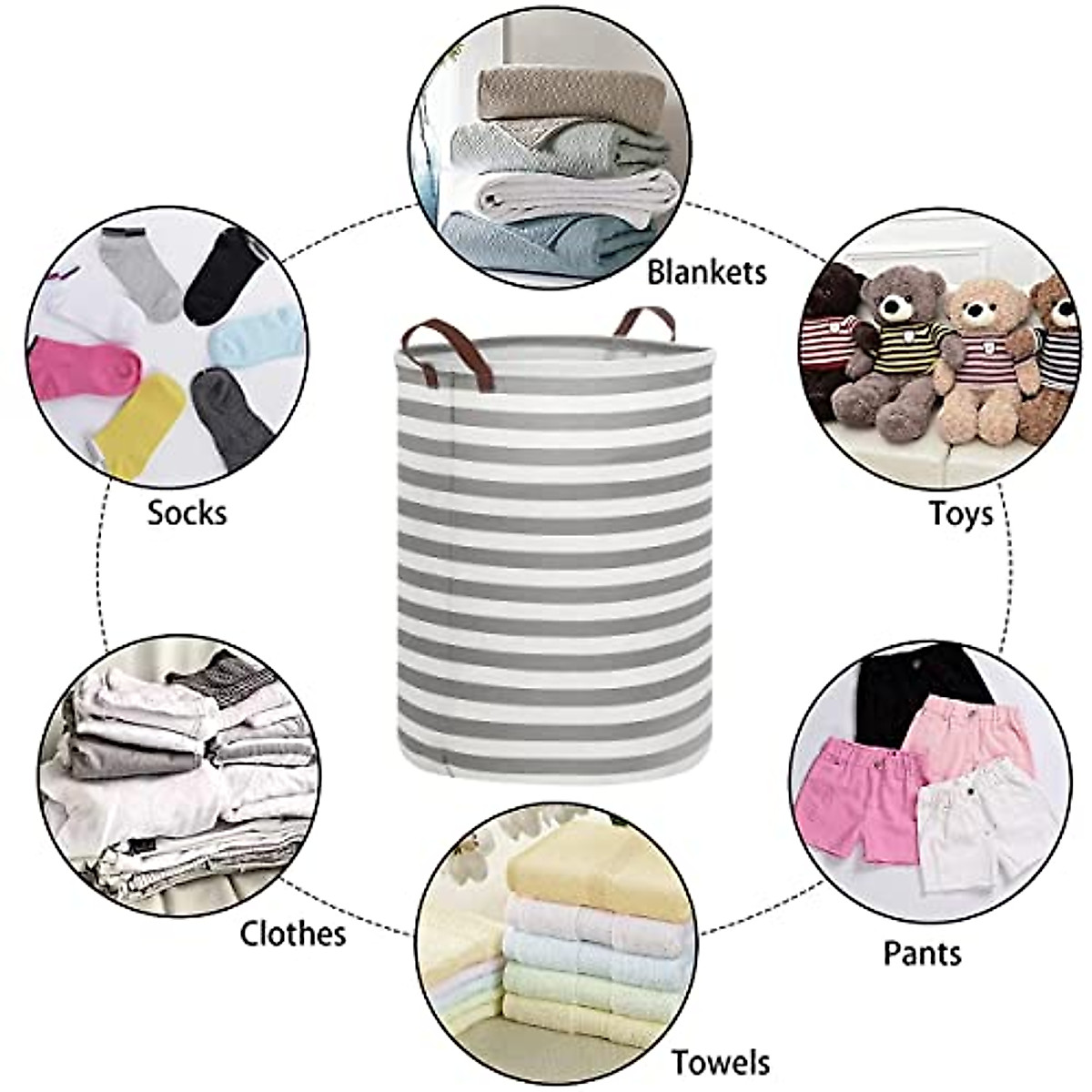 Freestanding Laundry Basket, 63L Freestanding Waterproof Clothes Basket, Collapsible Round Bohemia Storage Organizer with Leather Handles for Dirty Clothes, Home Storage (Grey)