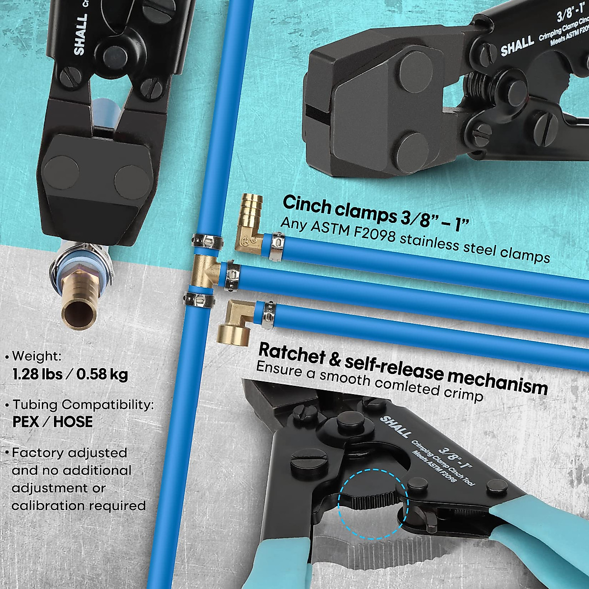 SHALL Pex Crimping Clamp Cinch Tool and Pipe Hose Cutter, Pipe Fitting Crimper Tool Kit Meets ASTM F2098 for 3/8" to 1" Stainless Steel Clamps Including 20pcs 1/2", 10pcs 3/4" Clamps With Storage Bag
