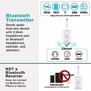 MEE audio Connect Air in-Flight Bluetooth Wireless Audio Transmitter Adapter for up to 2 AirPods / Other Headphones; Works with All 3.5mm Aux Jacks on Airplanes, Gym Equipment, TVs, & Gaming Consoles