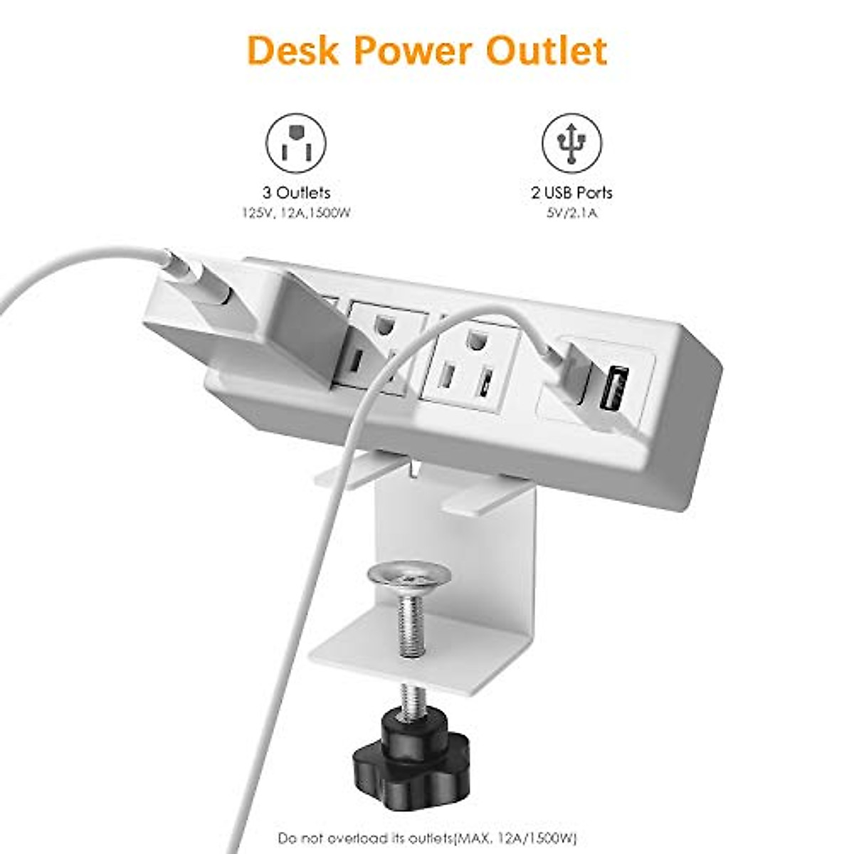 Desk Clamp Power Strip, Desktop Power Outlet Clamp Mount with 2 USB Ports, 3 AC Outlets, Mountable Desk Outlet Removable Power Plugs with 6.56ft Power Cord (3AC2USB-White)