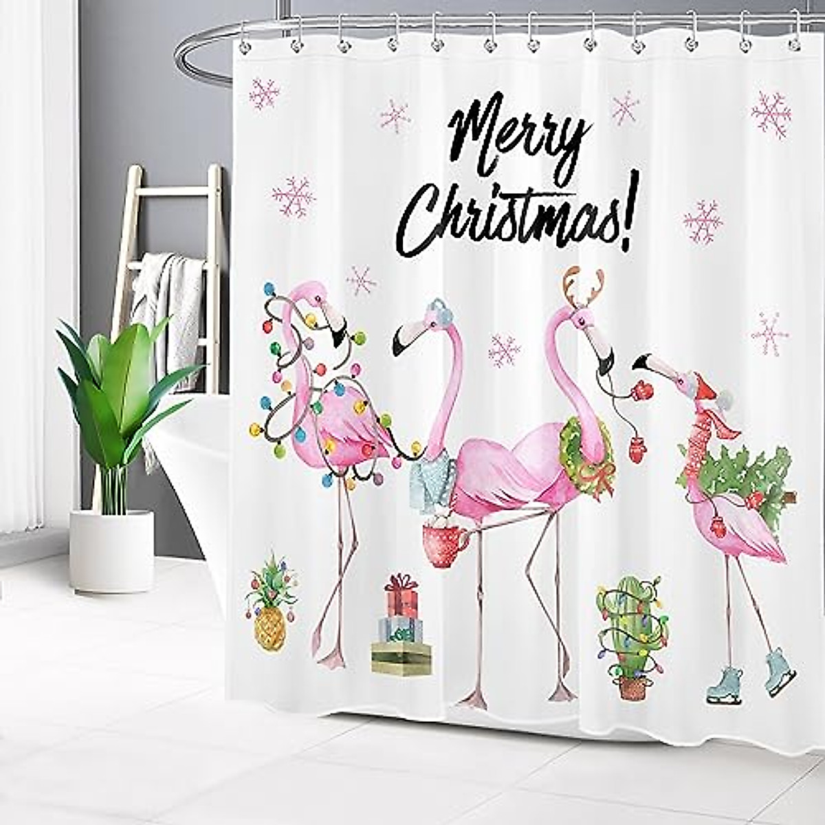 WEENEO Merry Christmas Shower Curtain Funny Pink Flamingo and Cactus Plant with Xmas Decorations on White Shower Curtain for Bathroom Winter Holiday Fabric Bath Curtain with 12pcs Hooks,72x72 Inch