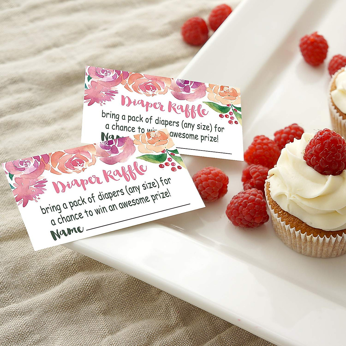 50 Watercolor Flowers Diaper Raffle Tickets for Baby Shower Invitation Inserts, Baby Shower Game Cards.