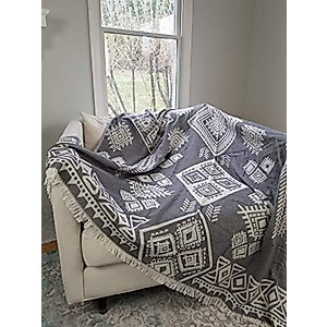 InfuseZen Bohemian Style Turkish Throw Blanket, Tribal Print Lightweight Throw, 100% Cotton Blanket for a Sofa or Partial Bed Cover, Thin Boho Turkish Throw (Charcoal)