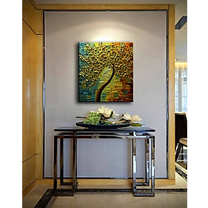YaSheng Art - 3D Oil Paintings On Canvas Golden Flowers Tree Paintings Abstract Artwork Wall Art For living Room,Dinning Room Home Decor Framed Stretched Ready to Hang 24x24inch