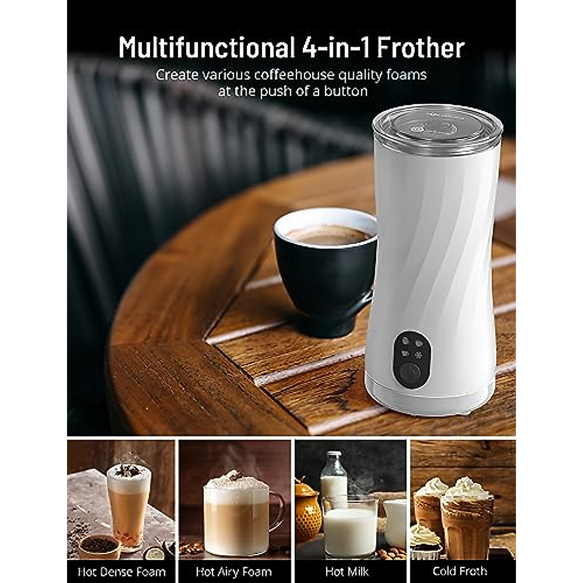 Milk Frother Electric, Symdral 4-in-1 Milk Frother and Steamer, Coffee Frother, Warm and Cold Milk Foamer, Milk Heater, with Auto Shut-Off, Silent Operation, for Latte, Cappuccino, Macchiato (White)