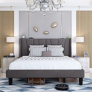 Benevika Full Size Bed Frame with Modern Geometric Wingback Headboard, Upholstered Platform with Wooden Slats, No Box Spring Needed, Mattress Foundation, Grey