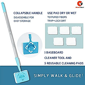 Baseboard Cleaner Tool with Handle 5 Reusable Cleaning Pads by No-Bending Mop Baseboard Cleaner Tool Long Handle Adjustable Baseboard Molding Tool for Bathroom Microfiber Cleaning