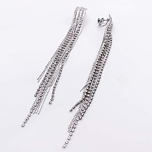 SELOVO Clear Rhinestone Prong Setting Boho Tassel Long Statement Dangle Clip on Earrings Silver Tone