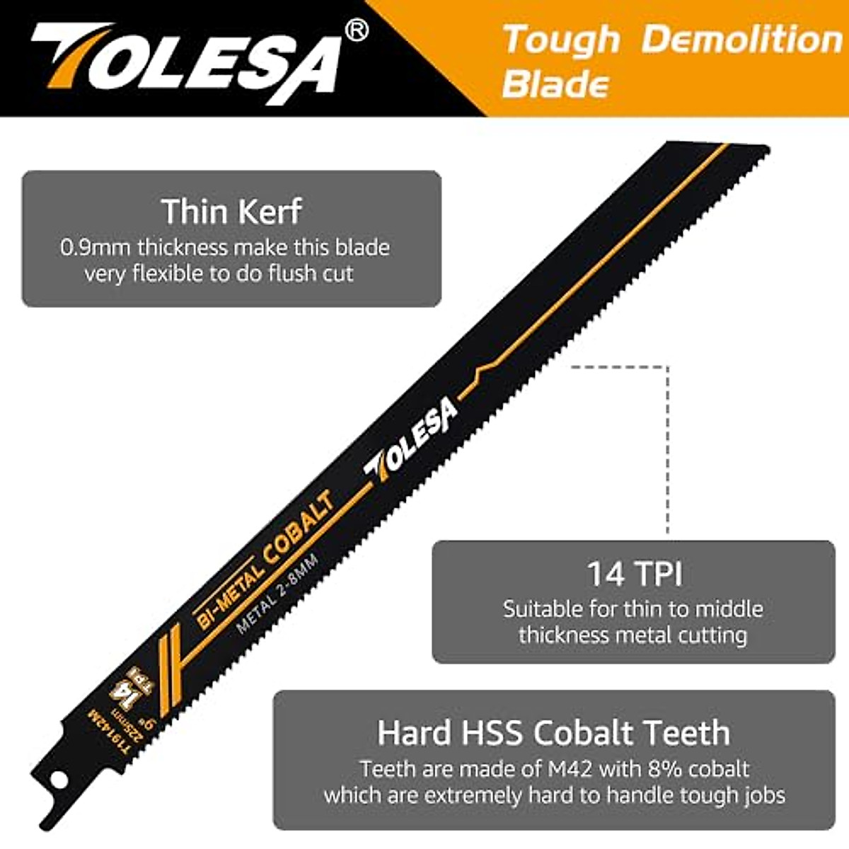 TOLESA Heavy Metal Cutting Reciprocating Saw Blades 9 Inch 14TPI Sawzall Blades for Metal Pipe, Sheet Metal, Rebar, Bi-Metal Sabre Saw Blades Better Wear Resistance for Metal Cutting 5 Pack