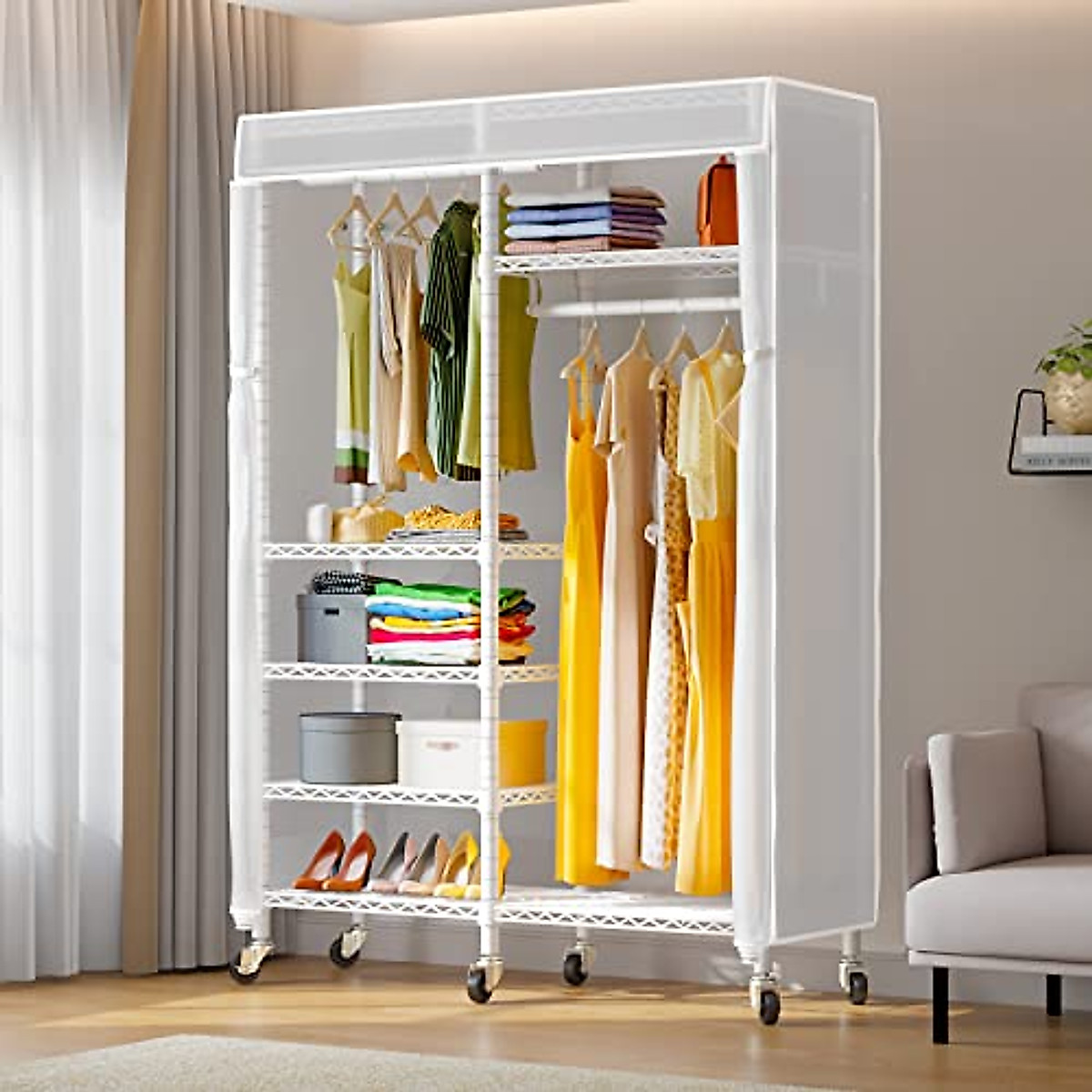 VIPEK R4C Garment Rack Rolling Clothes Rack 6 Tiers Heavy Duty Adjustable Wire Portable Closets with Lockable Wheels Wardrobe White Metal Clothing Rack with Frosted Translucent Cover, Max Load 620lbs