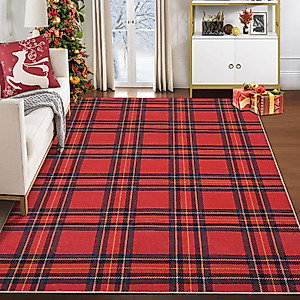 ROYHOME 8x10 Christmas Area Rug Xmas Buffalo Plaid Machine Washable Carpet Rug Holiday Decorative Gingham Check Floor Cover Non Slip Stain Resistant Accent Rug for Living Room Bedroom Decor, Red
