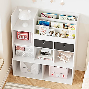 IDEALHOUSE Toy Storage Organizer 47.8in Kids Bookshelf with Drawers Modern Bookcase with Cubbies Floor Storage Cabinet Wooden Toy Chest Playroom, Classroom, Nursery, Kids Room