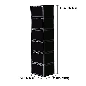 Yunge Drop Front Shoe Box,Set of 6, Stackable Plastic Shoe Box with Clear Door,Shoe Organizer for Display Sneaker, Easy Assembly,Fit up to US Size 14(11.02"x 13.97" x 8.66") Black
