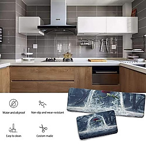 2pc Kitchen Floor Mats,Fantasy Fairy Scenery Red Rose Flower in Glass Tower Beauty Magic Castle Girl and Beast,Sink Kitchen Rugs and Mats Kitchen Mat Standing Mat